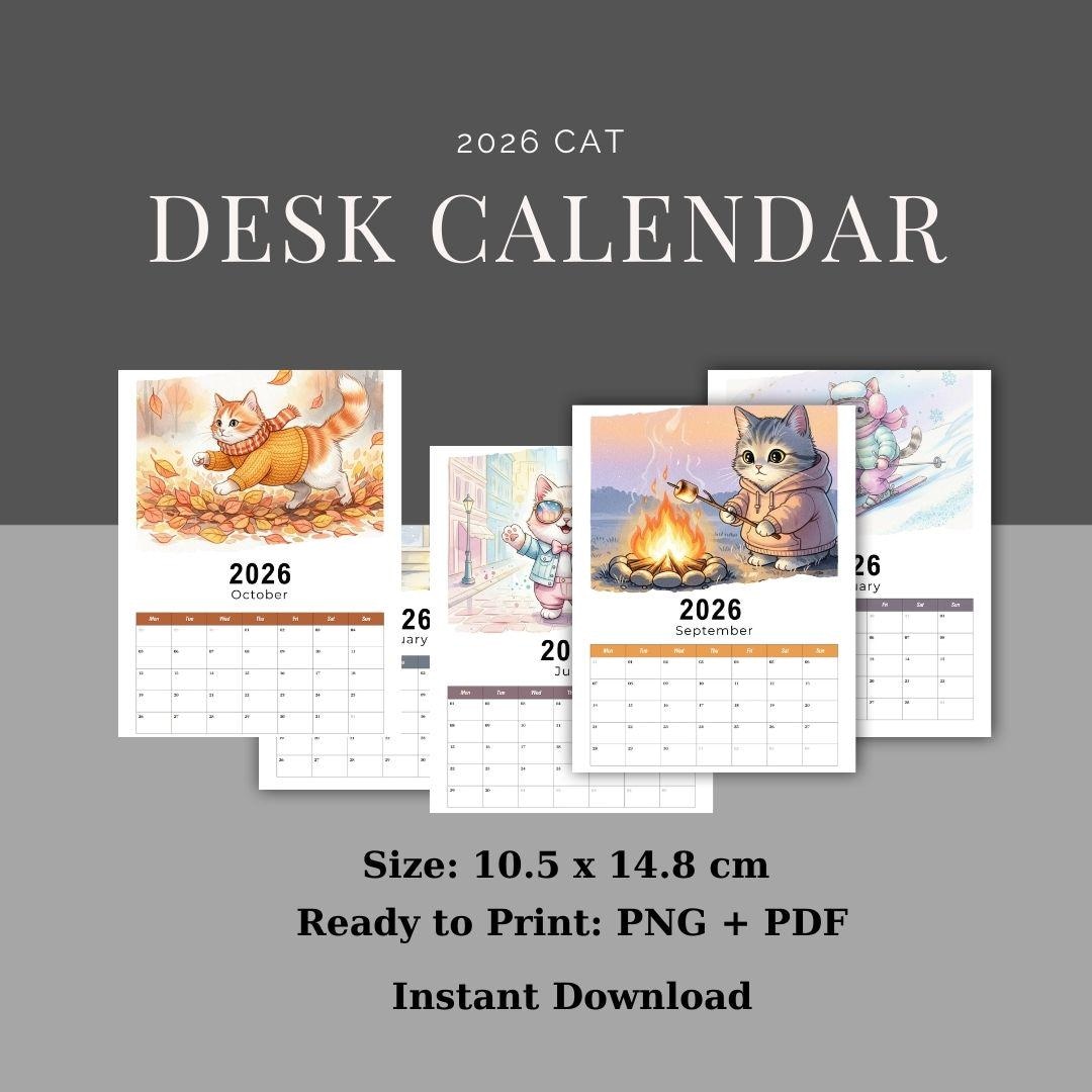 2026 Desk Calendar – A6 Printable, Mini Calendar for Cat Lovers ...