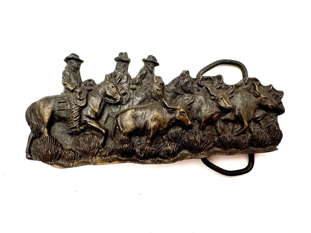 Vintage Western Cattle Drive Cowboy Belt Buckle NOS • Bergamot Brass ...