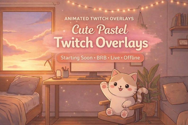 Cozy Anime Bedroom Vtuber Overlay | Cute Cat Twitch Stream Screens ...