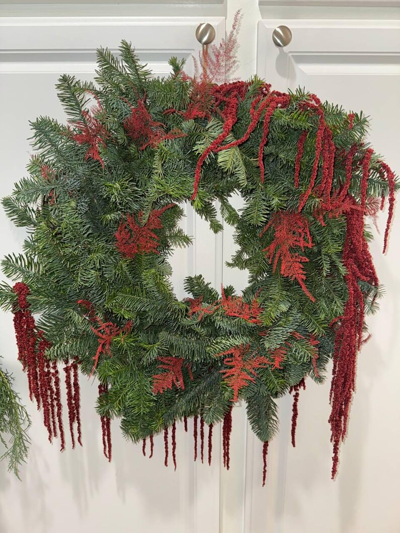 22” Luxury Noble Fir Wreath, Amaranth & Fern Accents, Handmade - Etsy