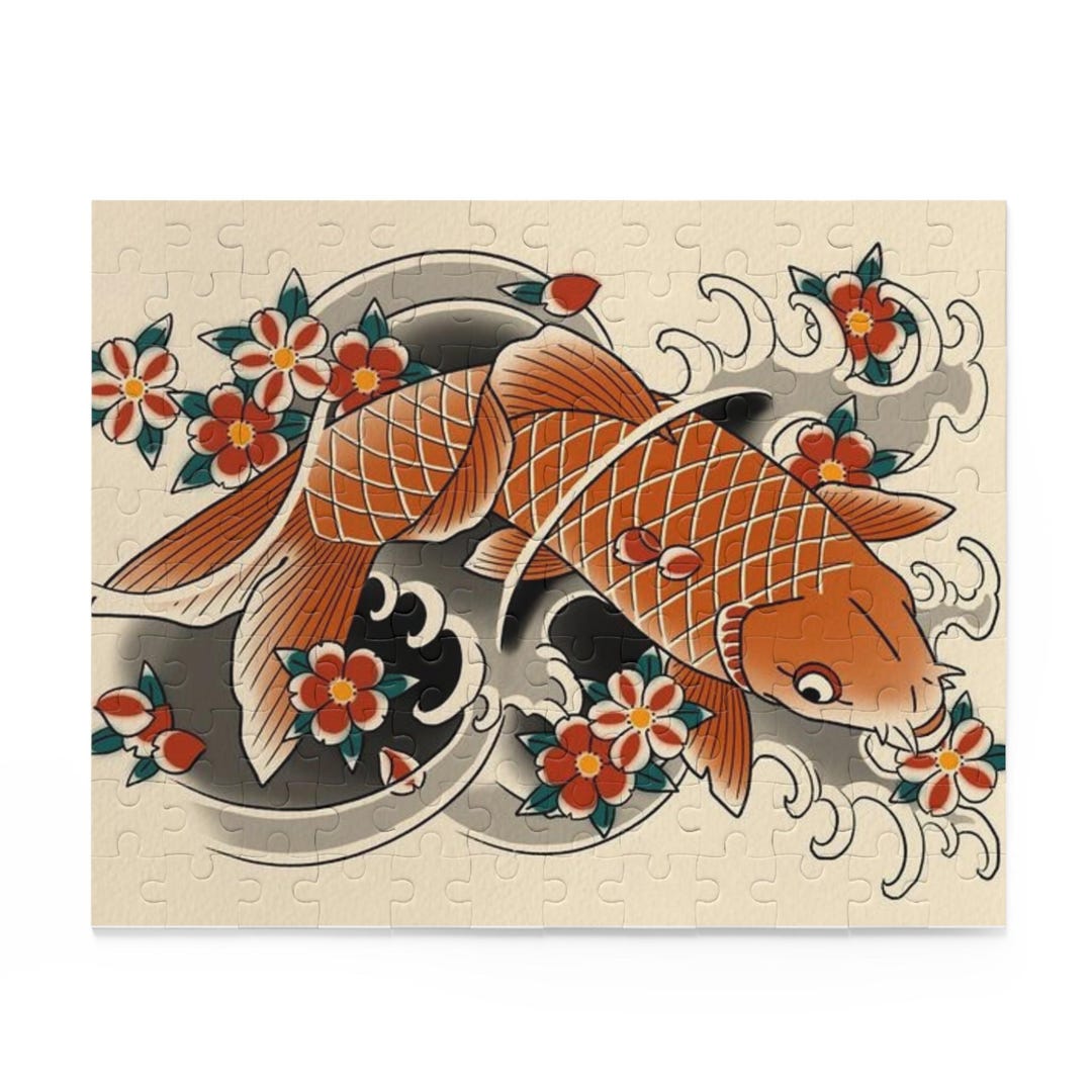 Japanese Koi Fish Art Puzzle Traditional Floral Tattoo Style ...