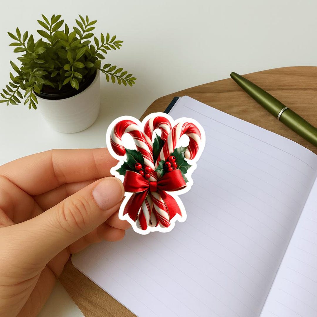 Classic Christmas Candy Canes Sticker, Red Ribbon Holly Magic Sticker ...