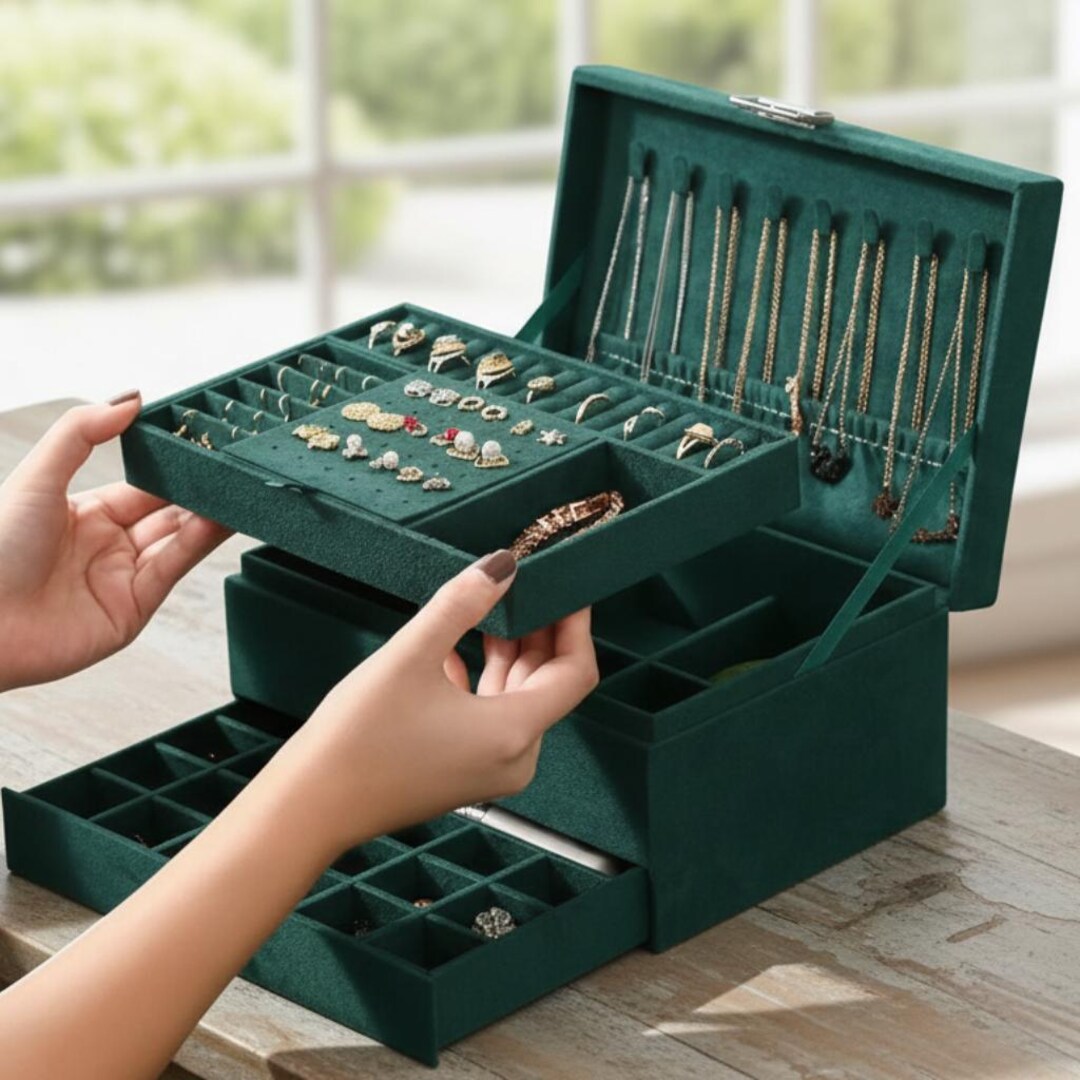 Velvet Jewelry Organizer Box | Large Jewelry Storage Case With Drawers ...