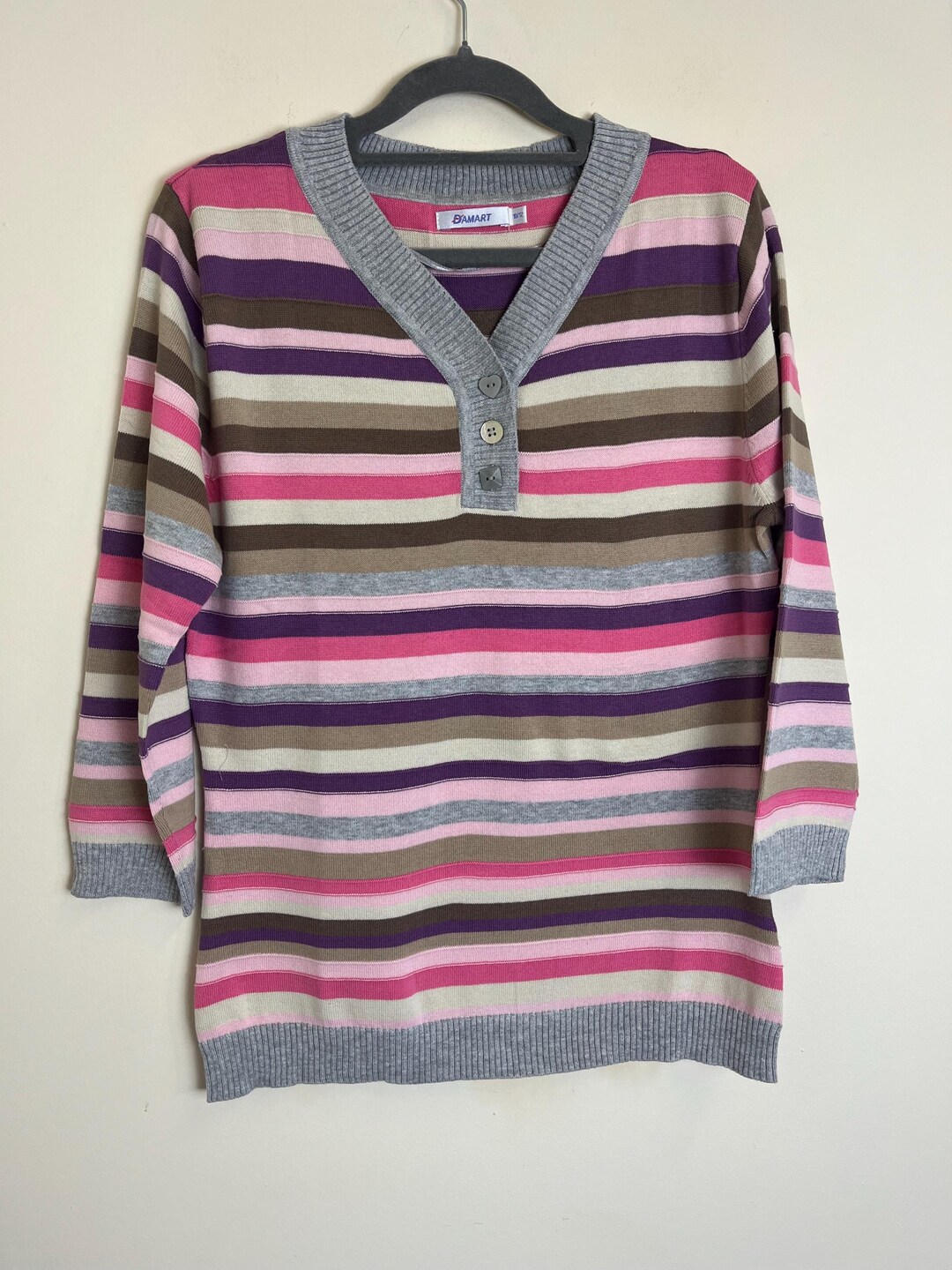 Vintage 90s Damart Knit Jumper Y2K Pink Grey Striped Cotton Sweater ...