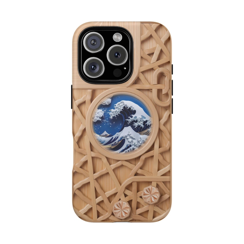 Wood Texture Japanese Wave iPhone 16 Pro Tough Case, Magsafe Compatible ...
