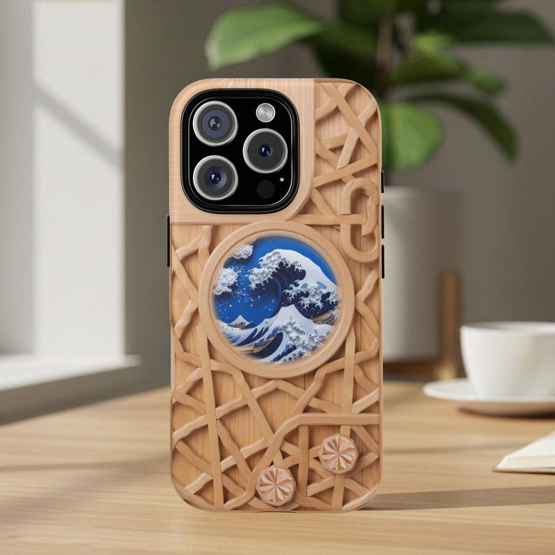 Wood Texture Japanese Wave iPhone 16 Pro Tough Case, Magsafe Compatible ...