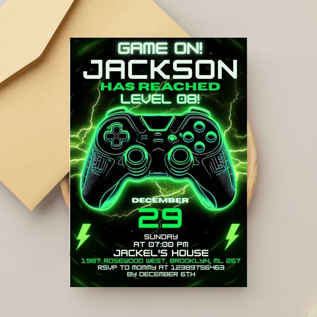 Level up Video Game Birthday Invitation | Neon Glow Arcade Party Invite ...