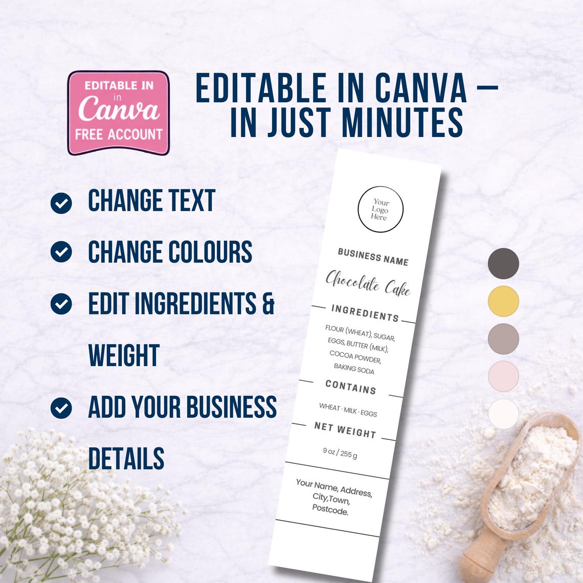 Mini Cake Tin Label Template | Printable 2x8 Inch Bakery Ingredients ...