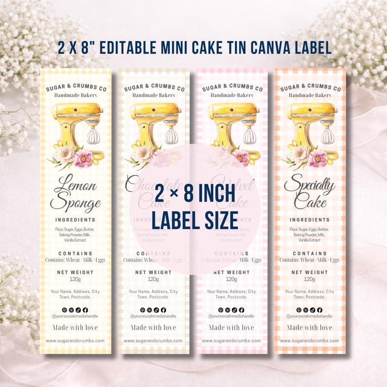 Mini Cake Tin Label Gingham – Printable Bakery Ingredients Label (set ...