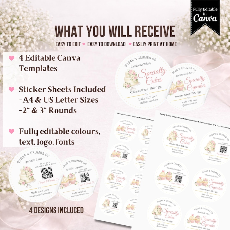 Printable Bakery Circle Sticker Sheet, Editable Canva Birthday Cake and ...