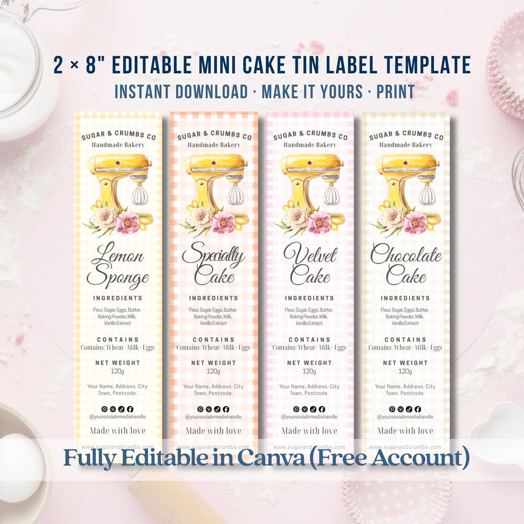 Mini Cake Tin Label Gingham – Printable Bakery Ingredients Label (set ...