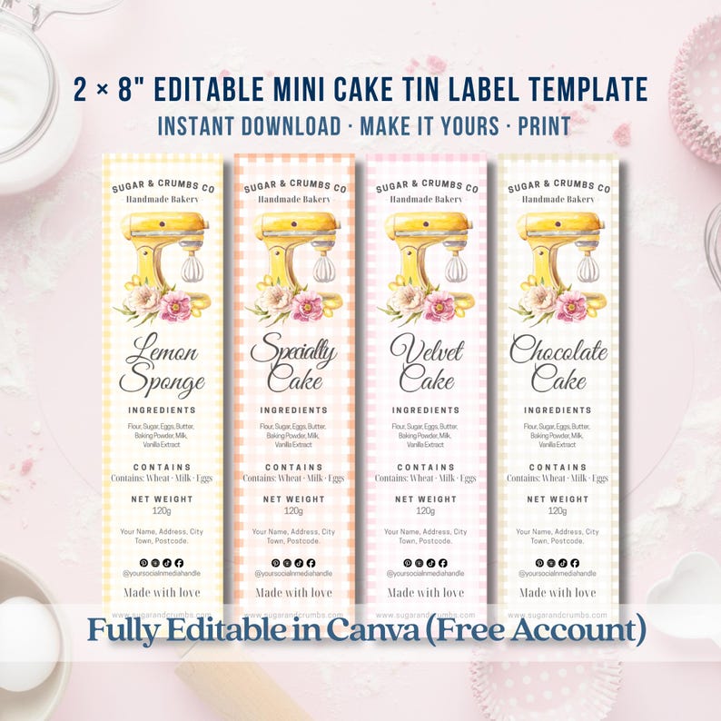Mini Cake Tin Label Gingham – Printable Bakery Ingredients Label (set ...