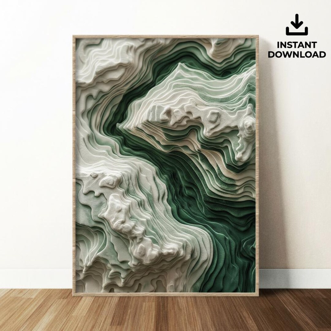 Digital Topographic Map Art | Abstract Green White Contour Landscape ...