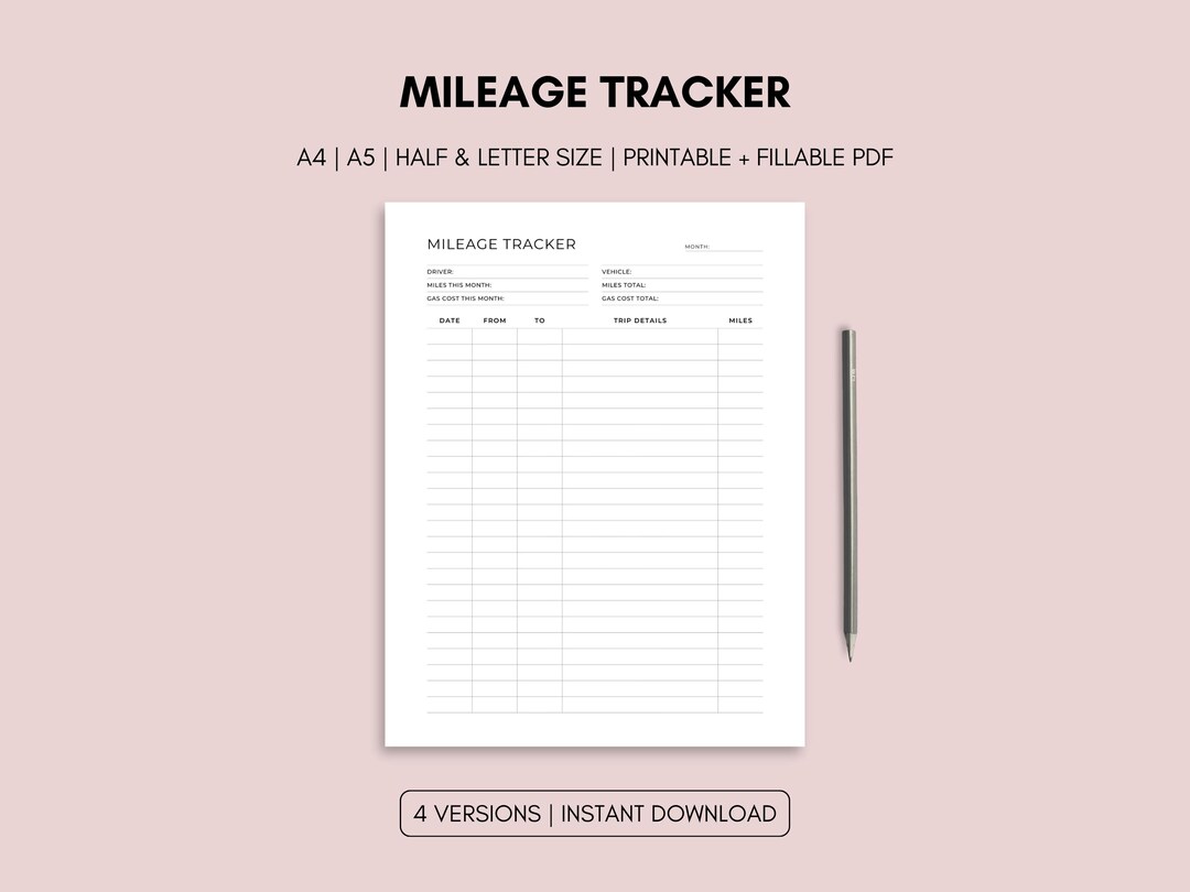 Mileage Tracker Printable | Work Business Trip Miles Log | Monthly ...