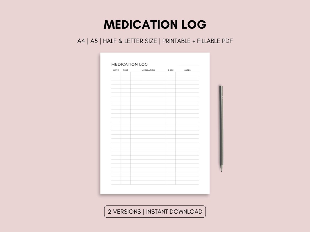 Medication Log Printable | Meds Intake Reminder Tracker List Schedule ...