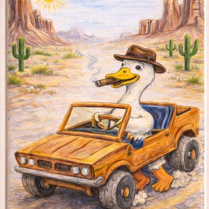 Whimsical Duck Driving a Car Art Print, Funny Animal Wall Art, Desert ...