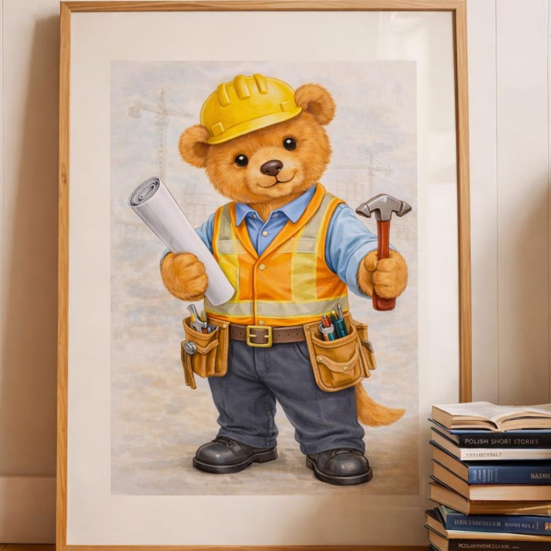 Builder Teddy Bear Nursery Art Print Construction Bear Illustration ...