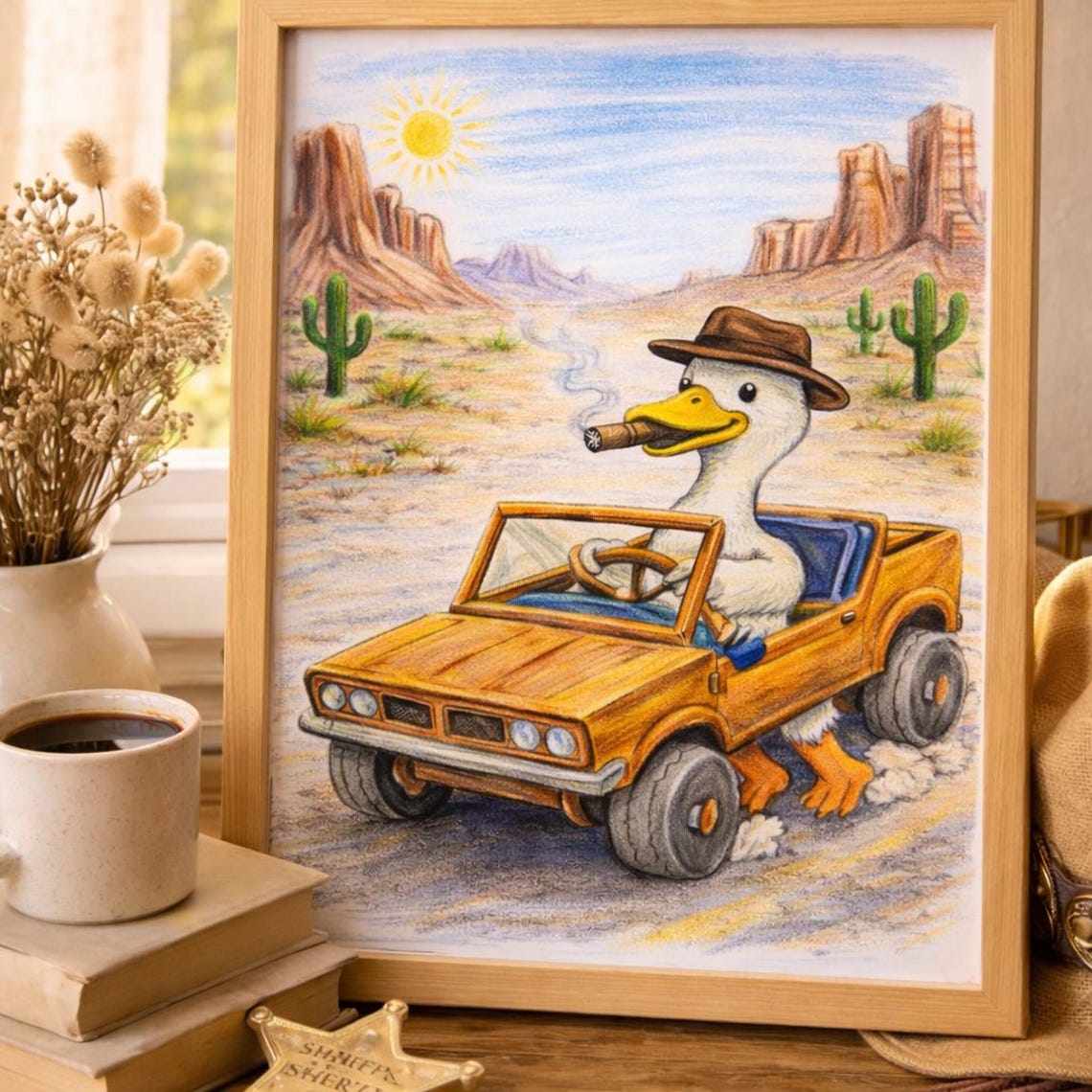 Whimsical Duck Driving a Car Art Print, Funny Animal Wall Art, Desert ...