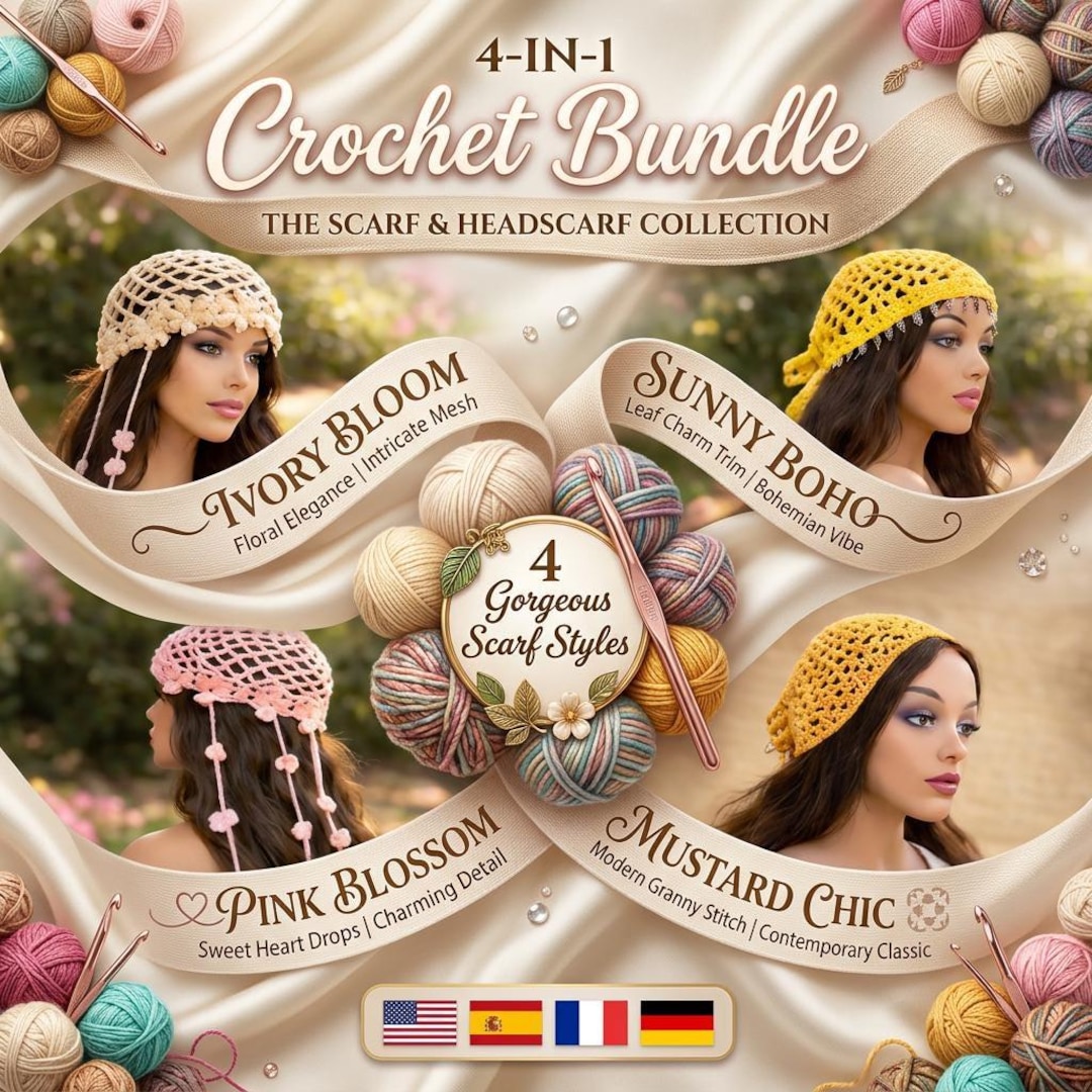 4-in-1 Crochet Mesh Headscarf Pattern Bundle, Boho Bandana Hat Pdf ...