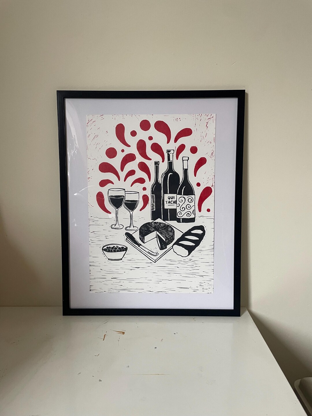 Handcrafted Linocut Print “wine & Cheese” A3 Wall Poster | Minimalist ...