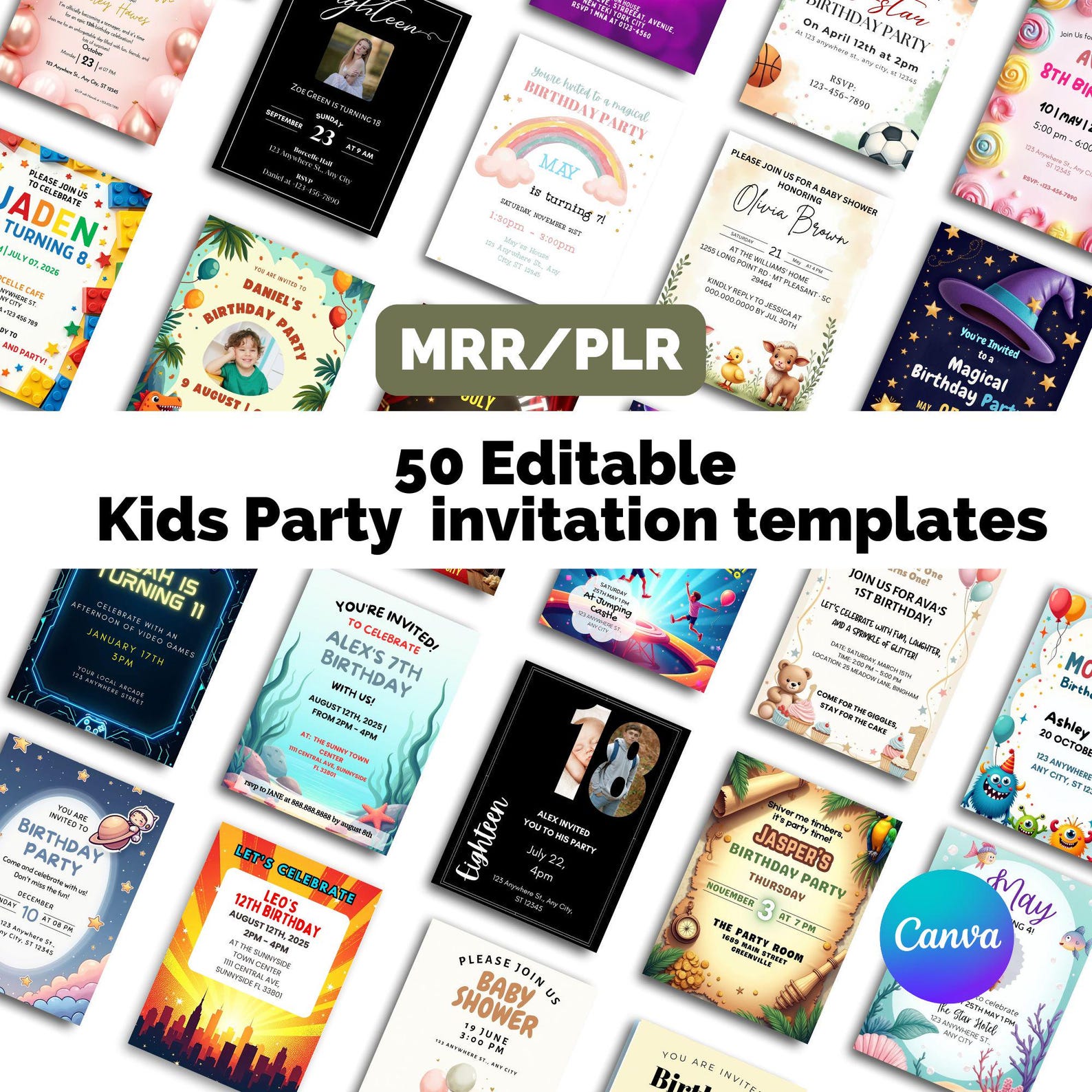 PLR + Master Resell Rights | 50 Kids & Teens Party Invitation Canva ...