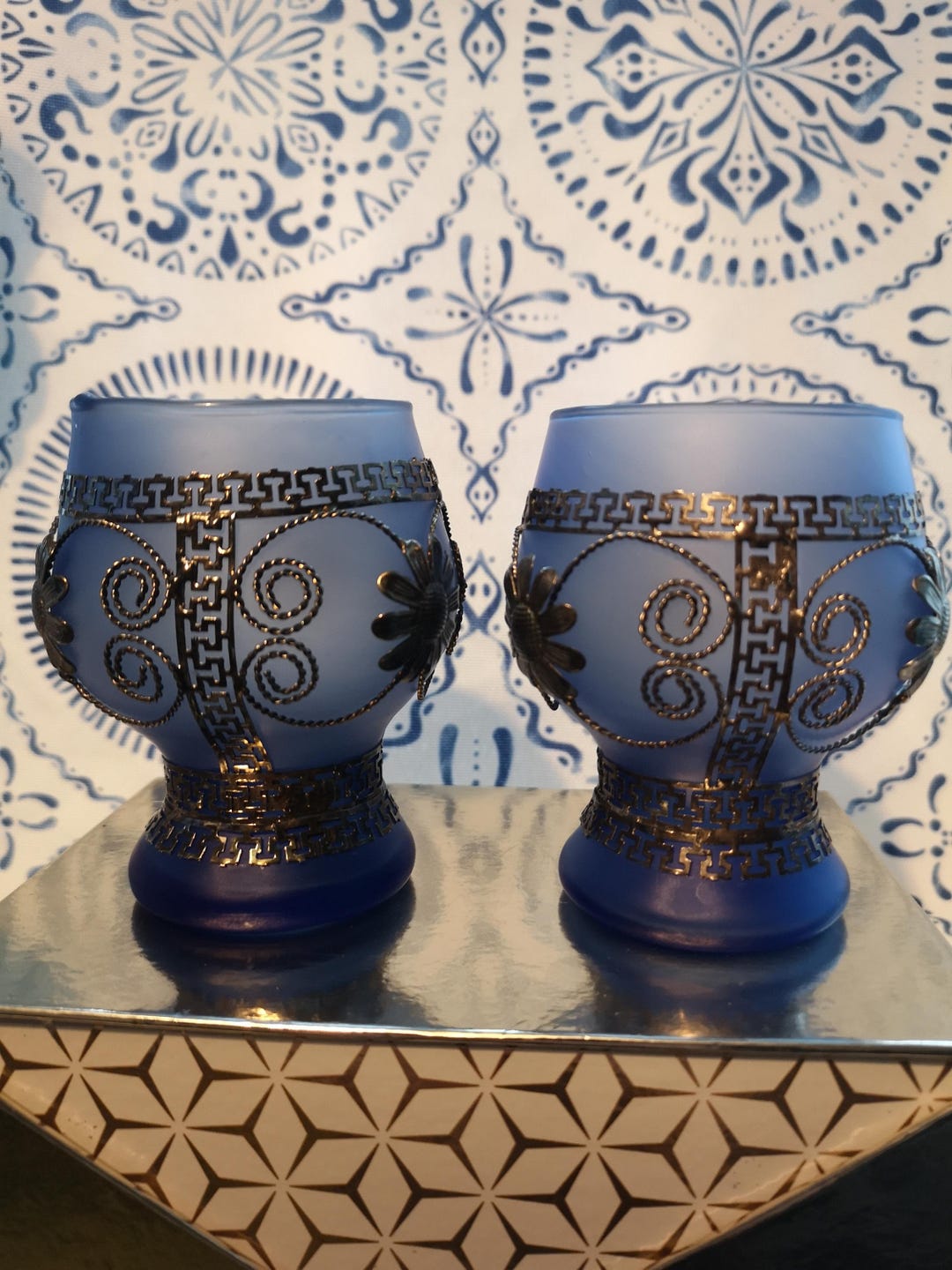 Pair Vintage Greek Blue Satin Glass Vases - Etsy