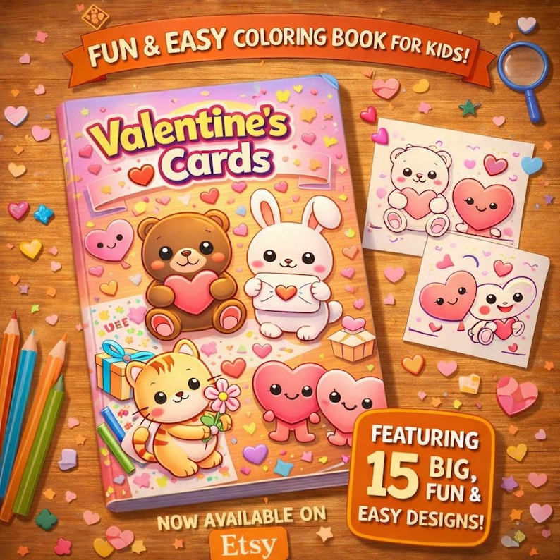 Valentine's Day Cards to Color for Kids: 13 Pack Printable Valentine ...