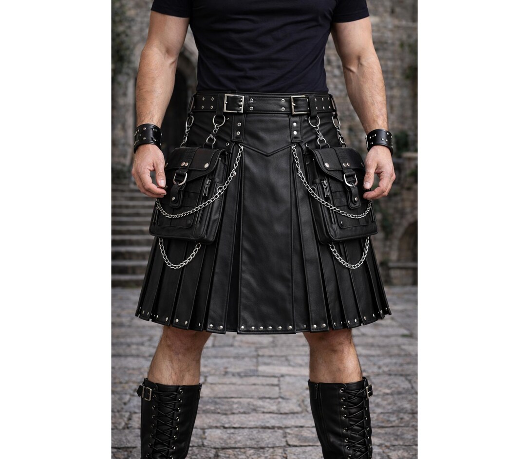 Men’s Real Leather Utility Kilt \ Black & Brown Gothic Biker Style Kilt ...