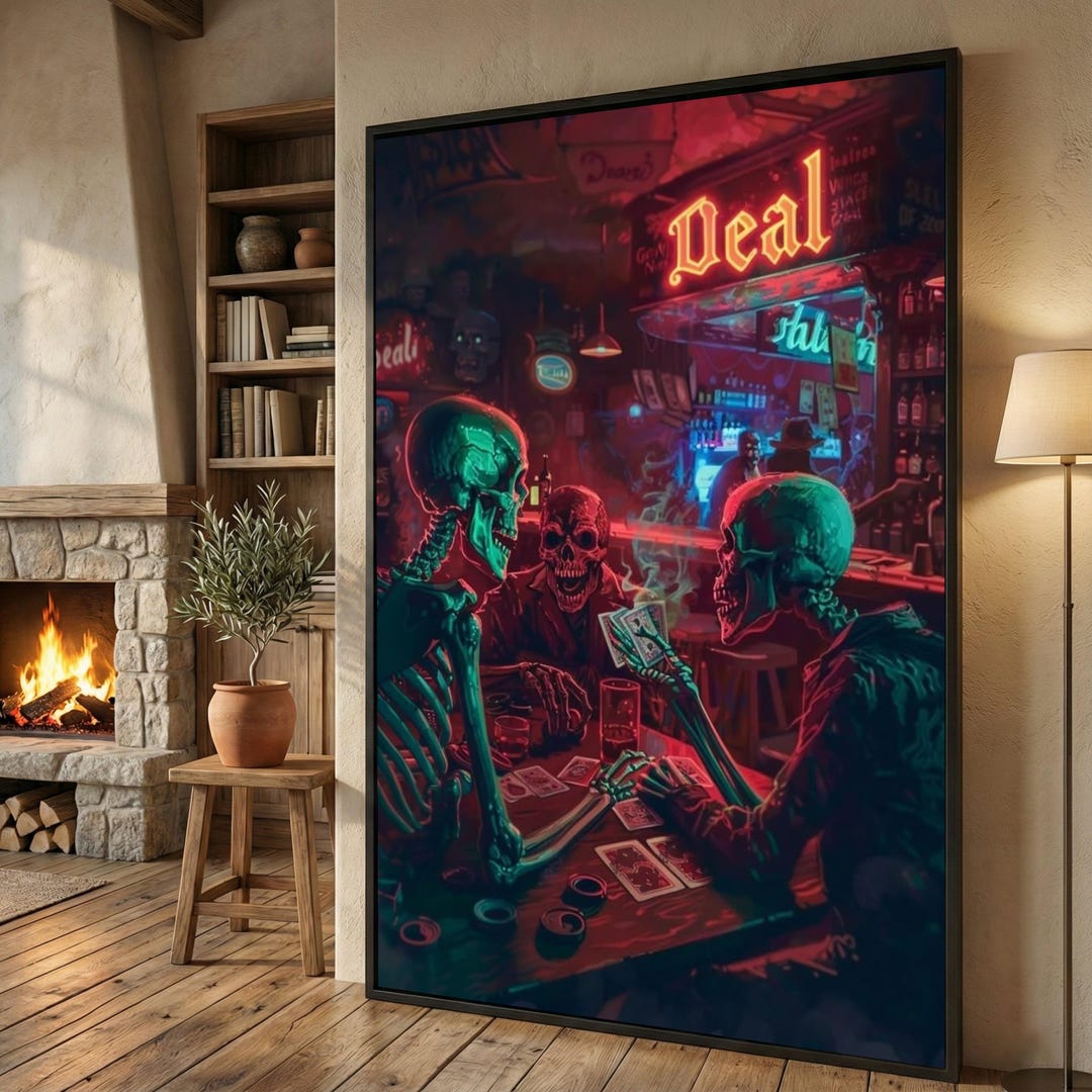 Neon Skeleton Poker Night Canvas, Dark Bar Scene Wall Art, Horror ...