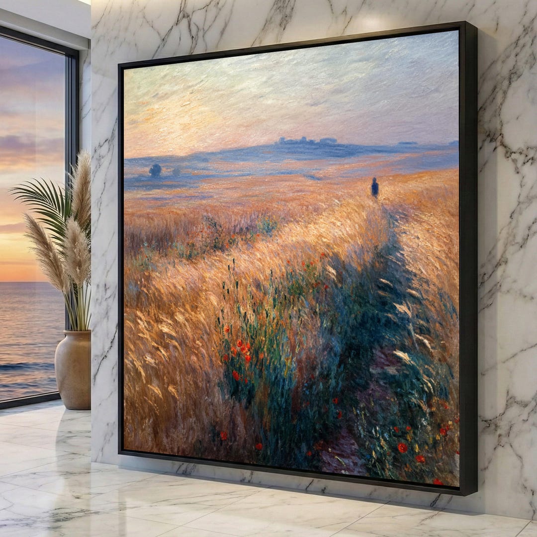 Claude Monet Wheat Field Canvas, Impressionist Landscape Art, Sunset ...