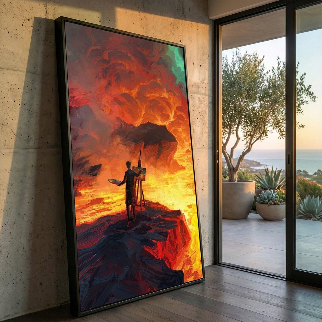 Fiery Volcano Artist Painting, Dramatic Lava Canvas, Surreal Landscape ...