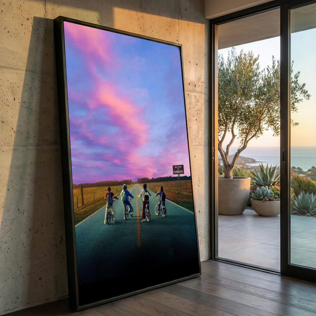 Stranger Things Hawkins Road Sunset Canvas, Retro Kids on Bikes Wall ...
