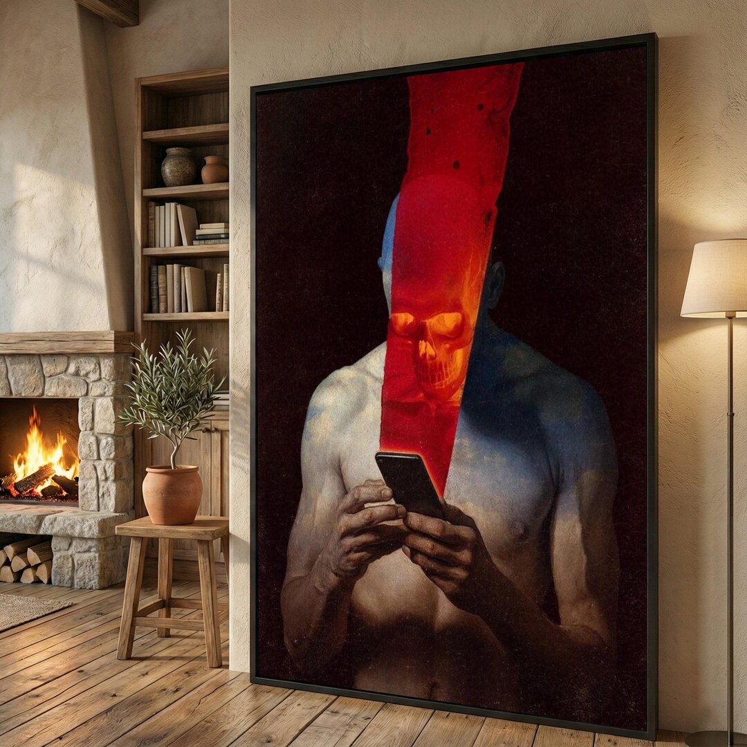 Digital Addiction Concept Canvas, Skull Glow Phone Art, Modern Surreal ...