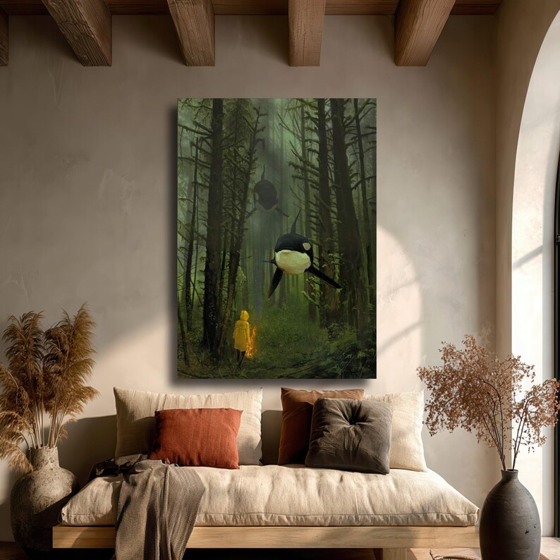 Floresta Encantada com Orcas, Tela Surrealista da Natureza, Arte de ...