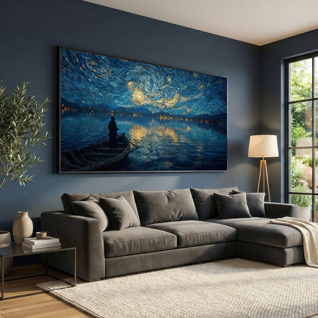 Starry Night Reflection Canvas, Van Gogh Wall Art, Night Sky Over Water ...