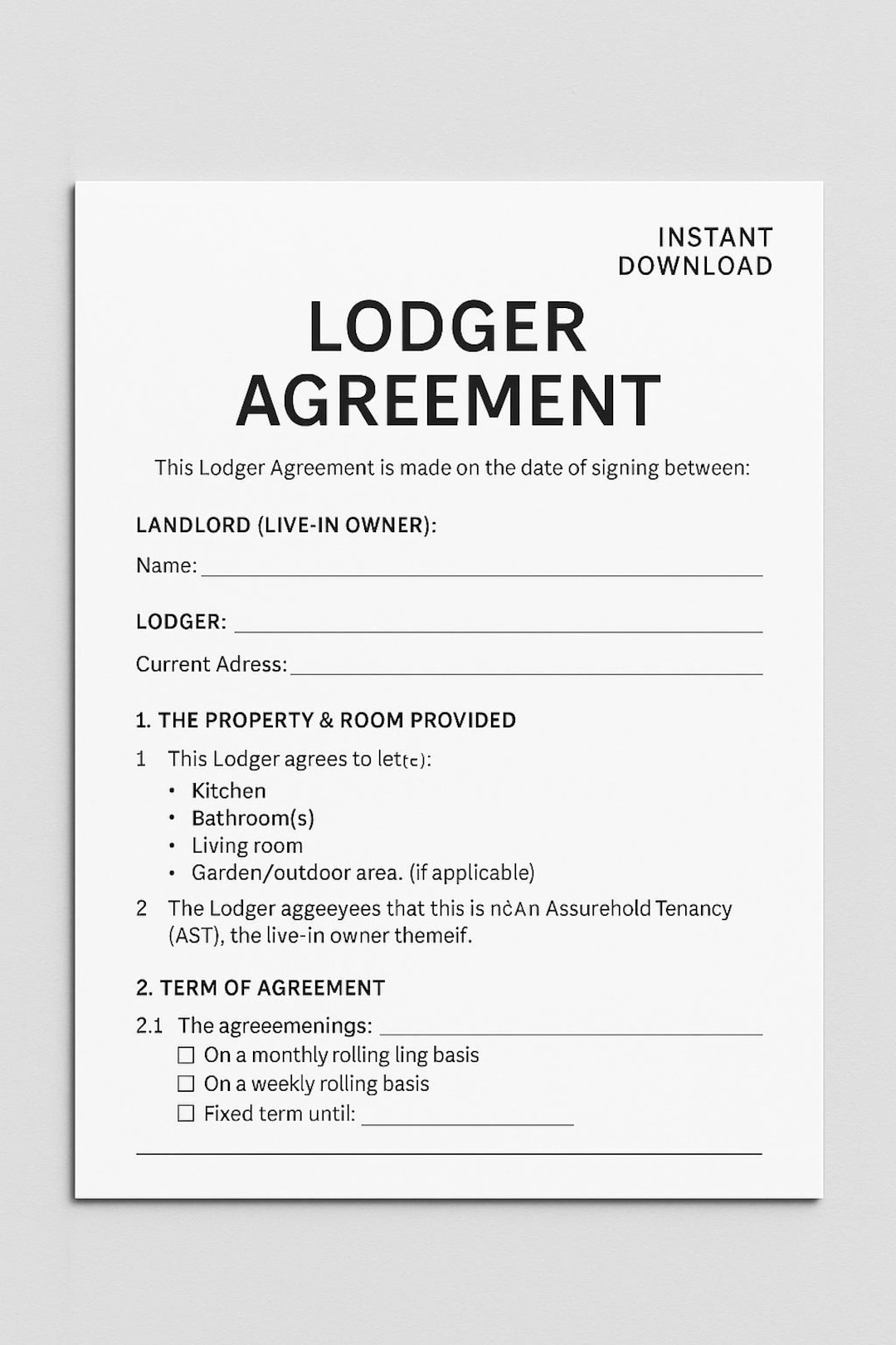 UK Lodger Agreement Template | Editable Room Rental Contract | Live-in ...