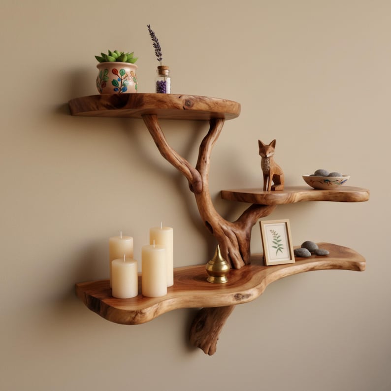 Handcrafted Tree Branch Bookshelf - Live Edge Multi-tier Tree Branch ...