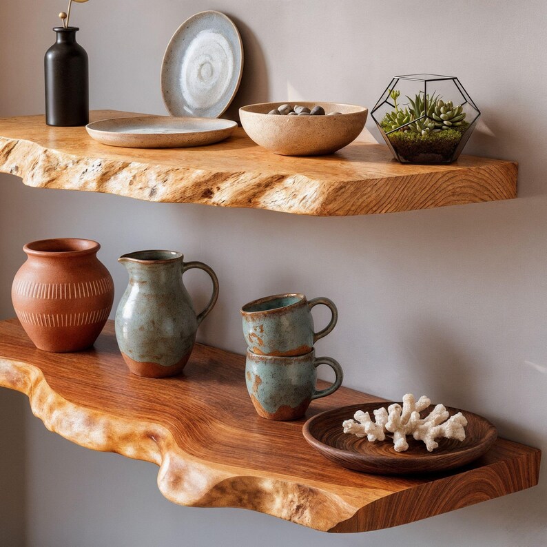 Rustic Walnut Floating Shelf - Live Edge Wood Shelves - Live Edge Teak ...