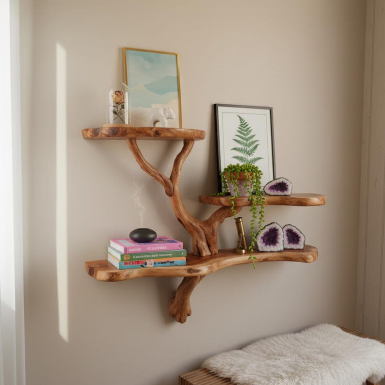 Handcrafted Tree Branch Bookshelf - Live Edge Multi-tier Tree Branch ...