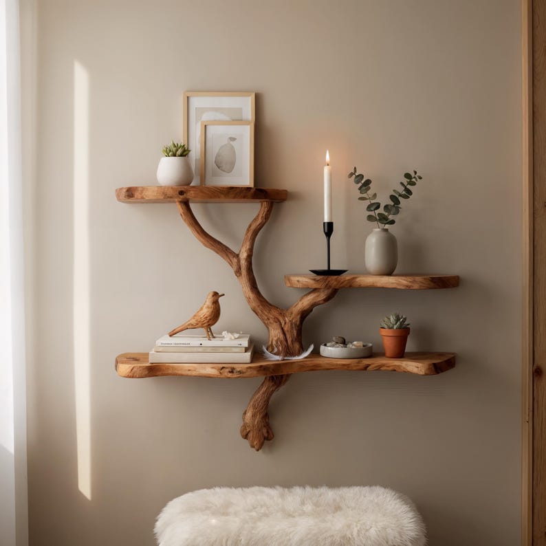 Handcrafted Tree Branch Bookshelf - Live Edge Multi-tier Tree Branch ...