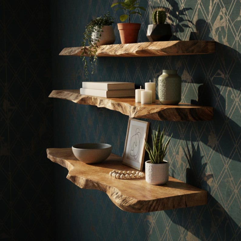 Live Edge Teak Root Floating Shelf - Raw Edge Rustic Wall Shelves Made ...