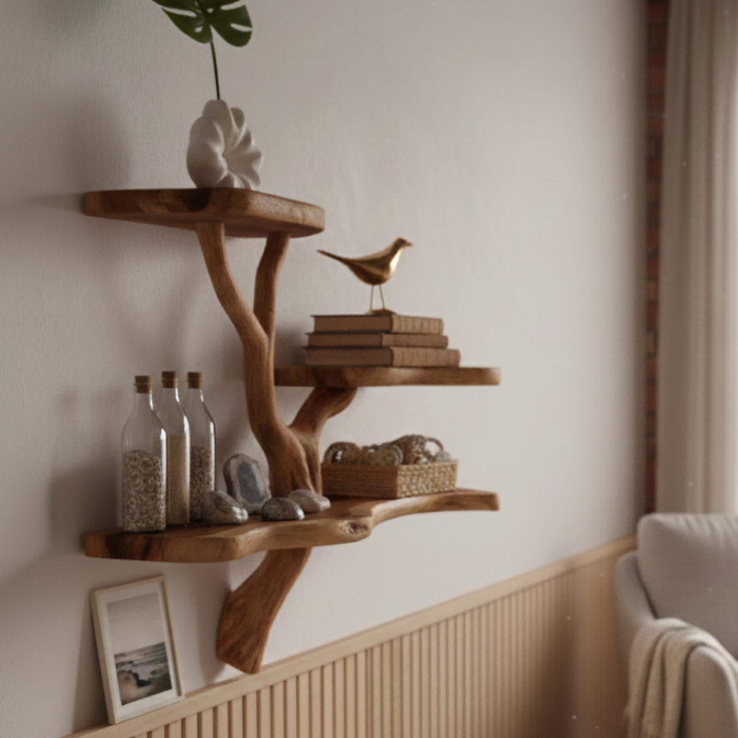 Handcrafted Tree Branch Bookshelf - Live Edge Multi-tier Tree Branch ...