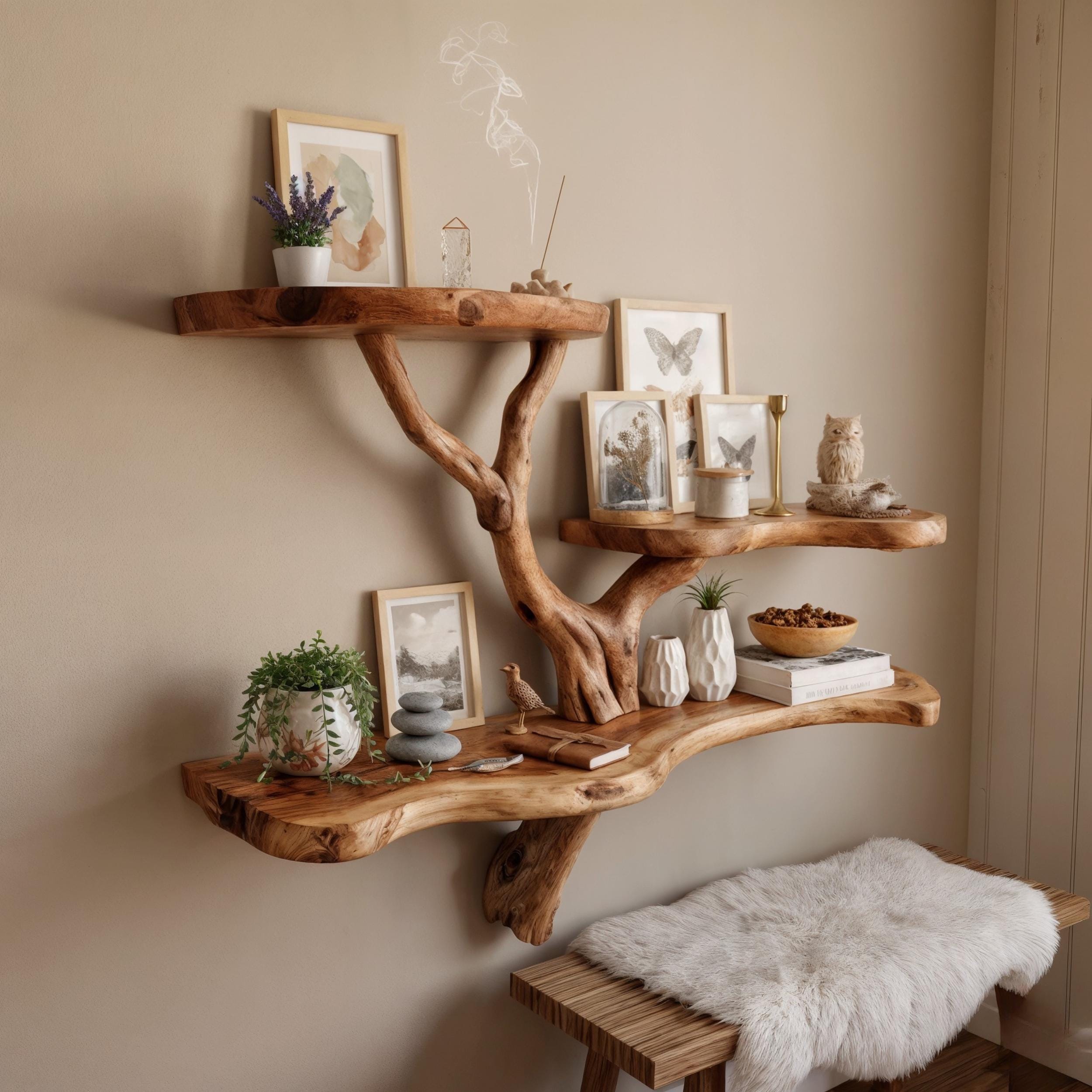 Handcrafted Tree Branch Bookshelf - Live Edge Multi-tier Tree Branch ...