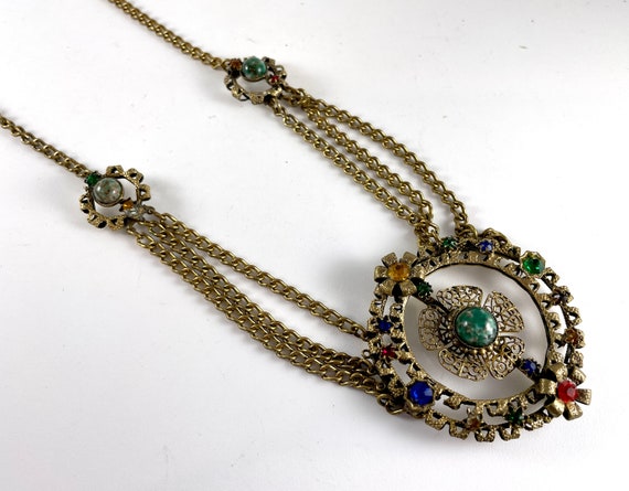 Vintage Necklace Czech Festoon Multi Color Stones - Gem