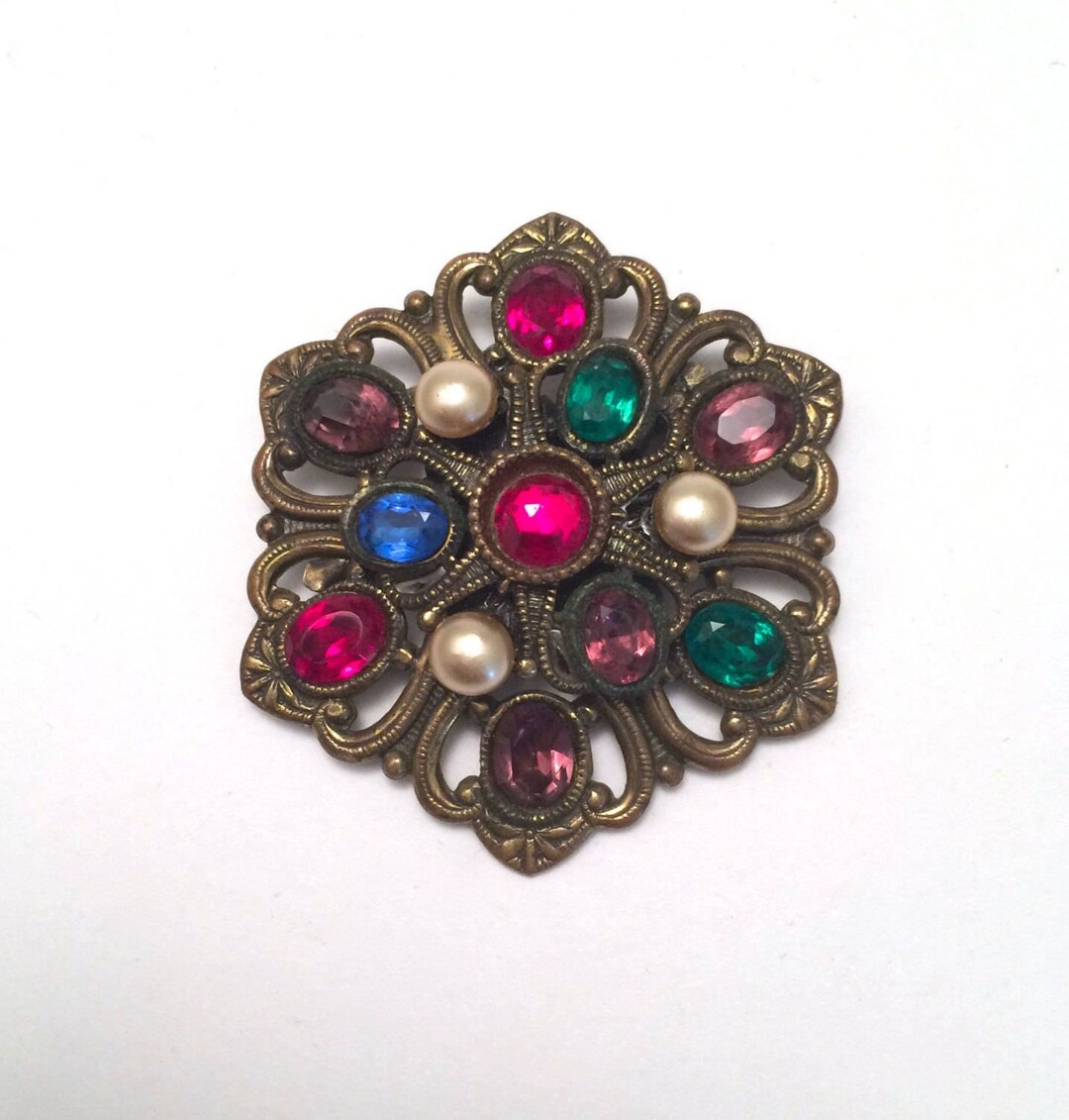 Vintage Brooch Czech Multi Color Rhinestone and Brass Filigree Unique ...