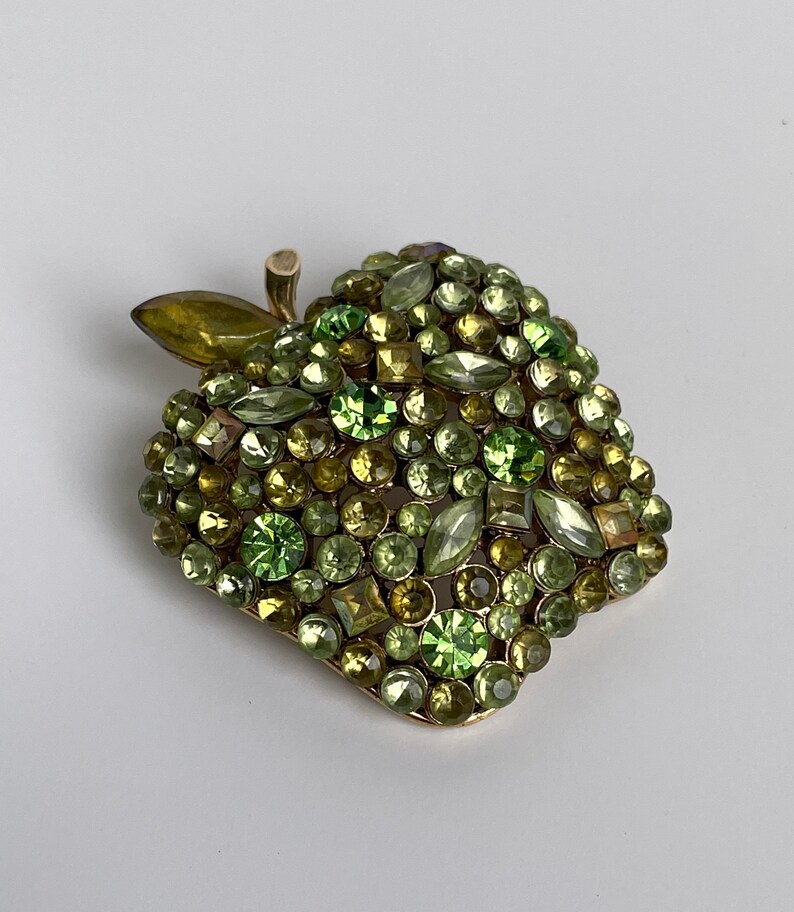 Vintage Brooch Rhinestone Green Apple - Etsy