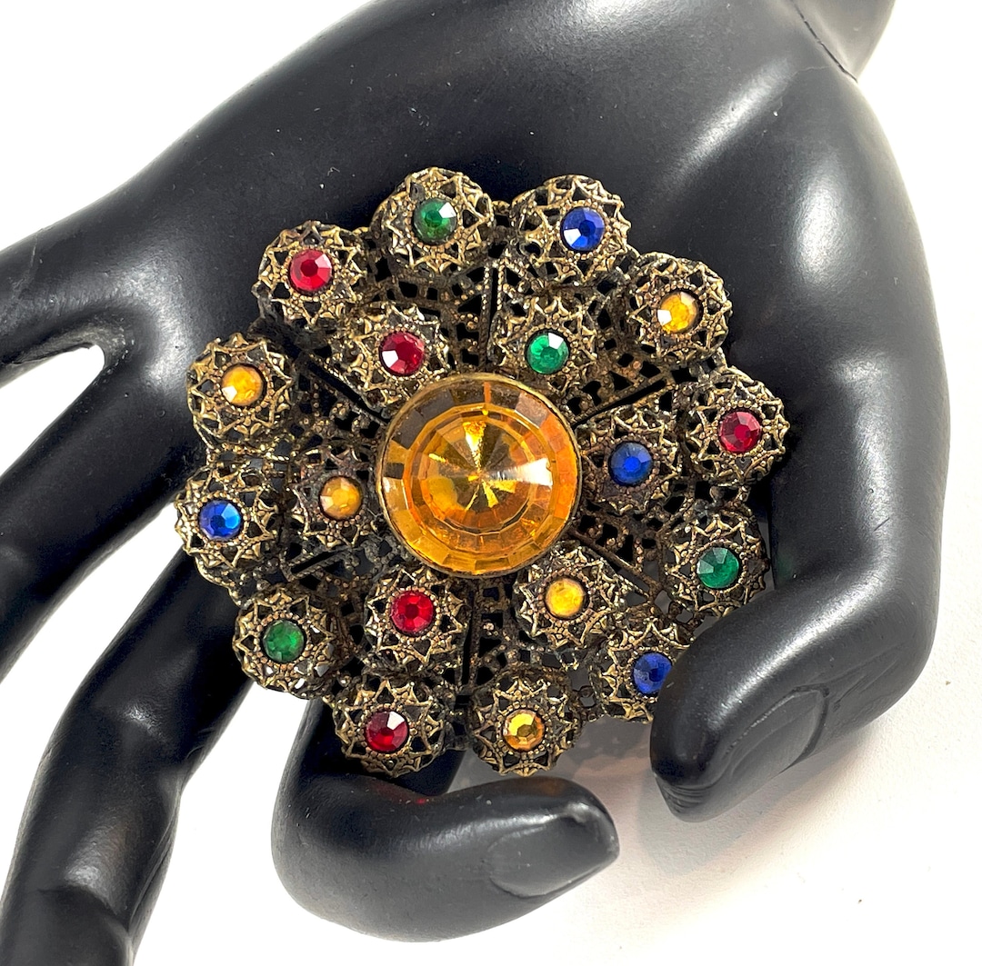 Vintage Brooch Czech Vauxhall Multi Color Stones on Brass Filigree - Etsy