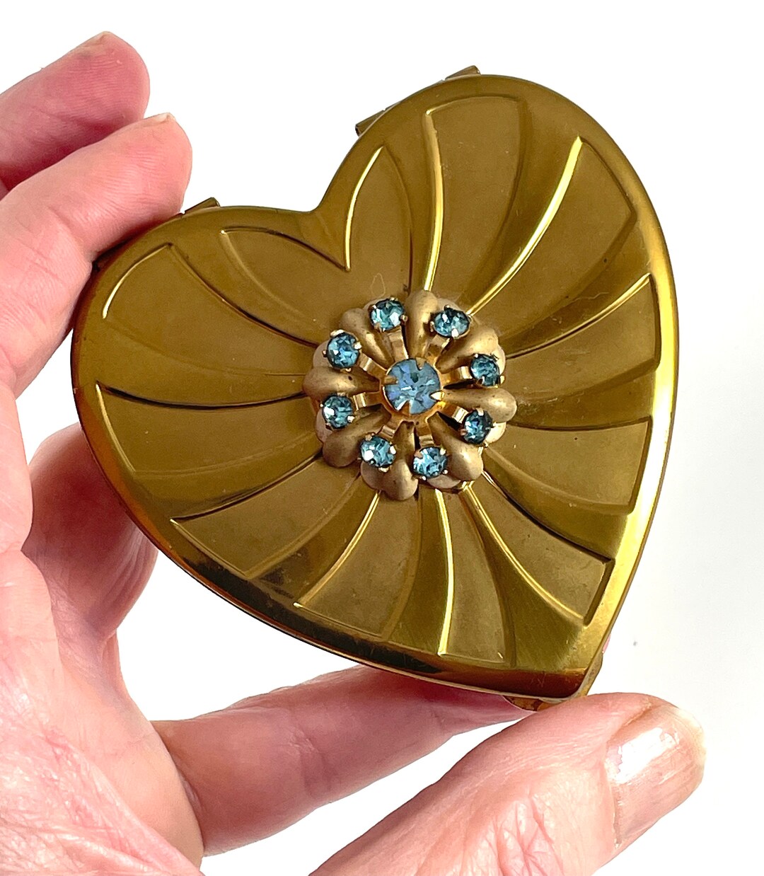 Vintage Compact Heart Shaped With Blue Rhinestone Flower - Etsy
