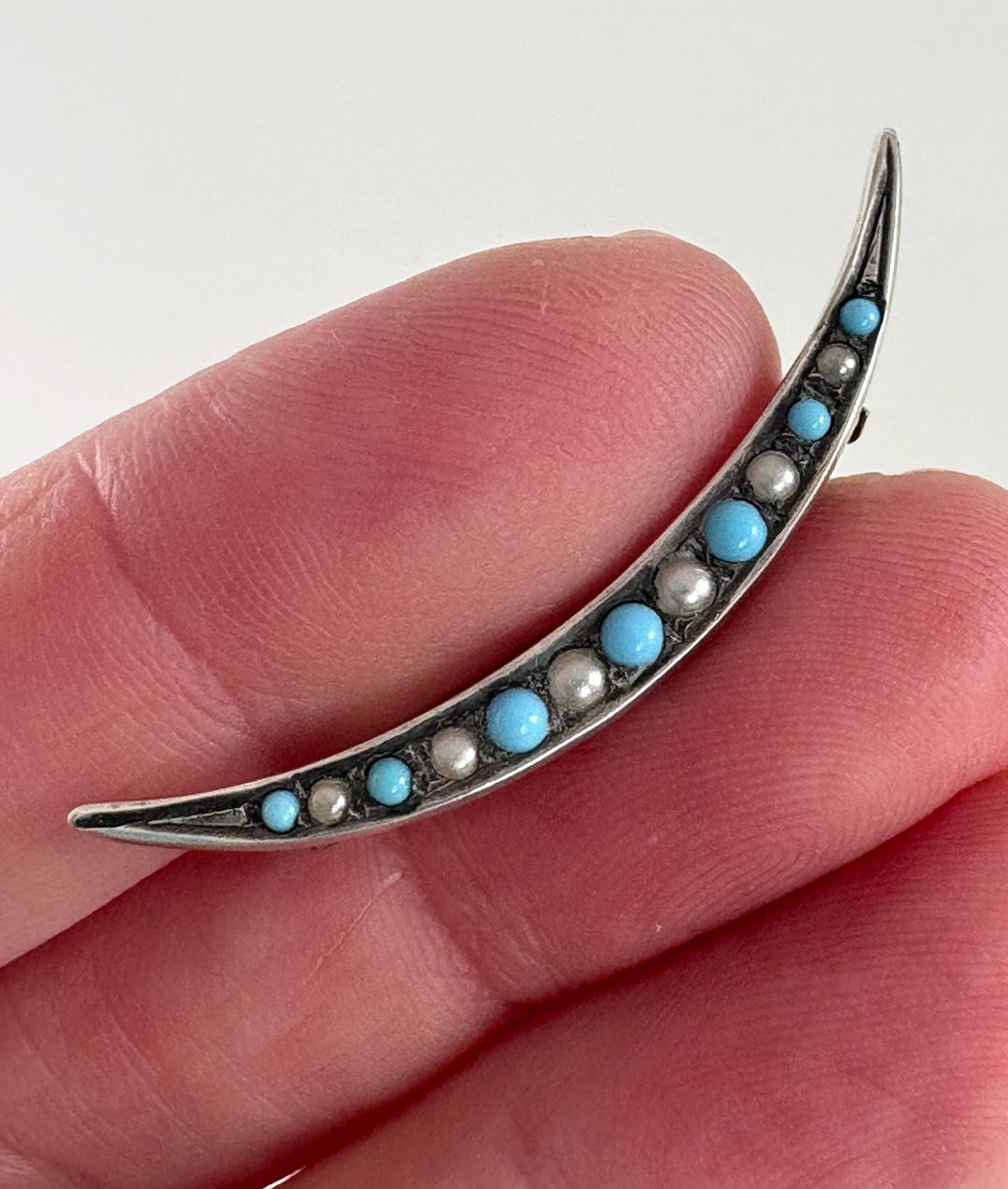 Vintage Brooch Antique Sterling Silver Moon With Turquoise and Pearl - Etsy
