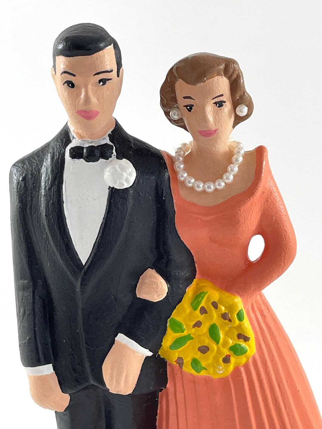 Vintage Cake Topper Bride Groom Bride's Maid Prom Coral Dress Chalkware ...